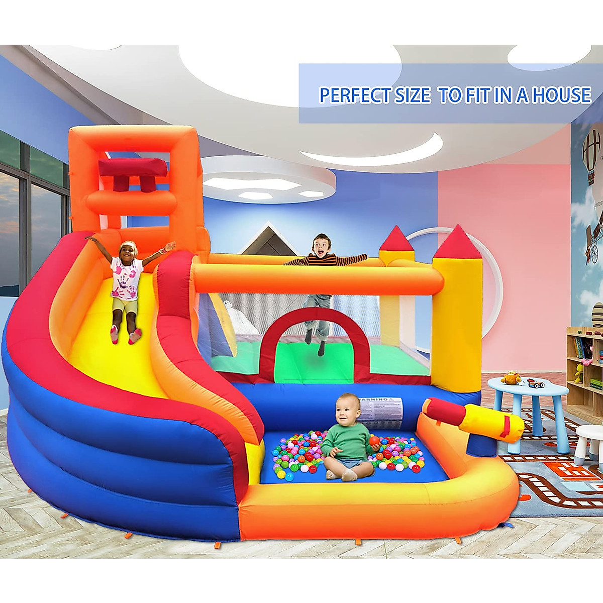 HuaKastro Inflatable Bounce House Water Slide with Blower, 5 in 1 Backyard Water Park W/Climbing Wall, Splash Pool, Jumping Castle, Water Slide, Cannon, Bucket Dump for Indoor Outdoor Parties