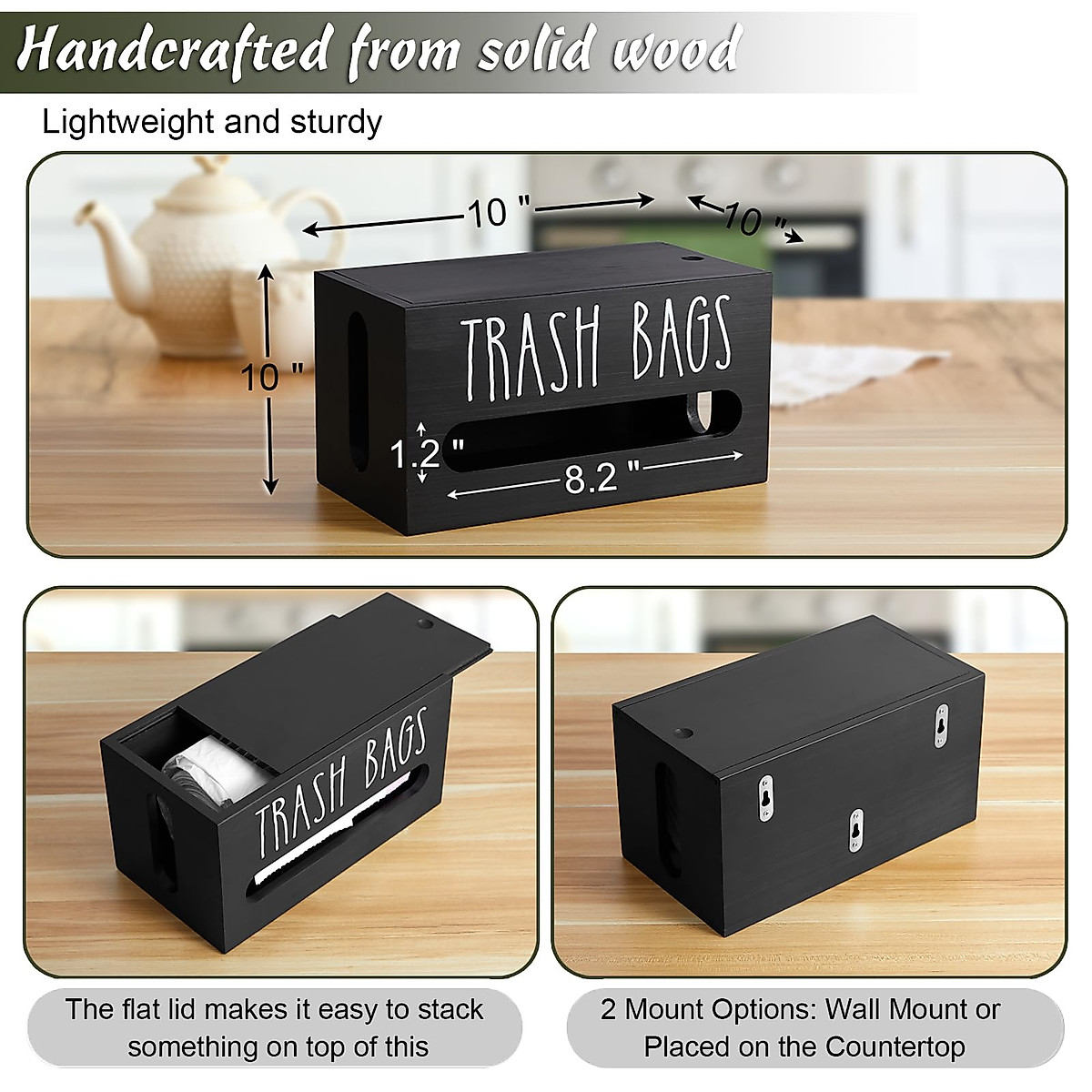DRASTAR Trash Bag Dispenser, Trash Bag Organizer Wall Mount, Wooden Trash Bag Roll Holder for Plastic Bags Countertop, Under Kitchen Sink Organization