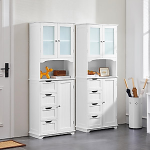 Topeakmart 65.5″ Tall Storage Cabinet Kitchen Cupboard with Glass Door Freestanding Floor Cabinet with Open Compartment, Drawer, Adjustable Shelf for Bathroom, Kitchen, Living Room