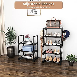 ROJASOP Shoe Rack Organizer for Closet Entryway, 20 Pairs 5-Tier Stackable Shoe Rack Storage Shelf for Hallway Bedroom Garage Dorm Free Standing Shoe Racks with Side Hooks Space Saving Shoe Rack