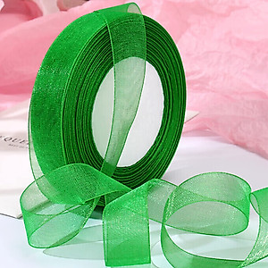 MUWOOB 1 inch Green Organza Ribbon, 50 Yards Sheer Chiffon Ribbons for Gift Wrapping, Bouquet, Garland, Bowknot, Hair, Crafts, Balloons, Party Decoration
