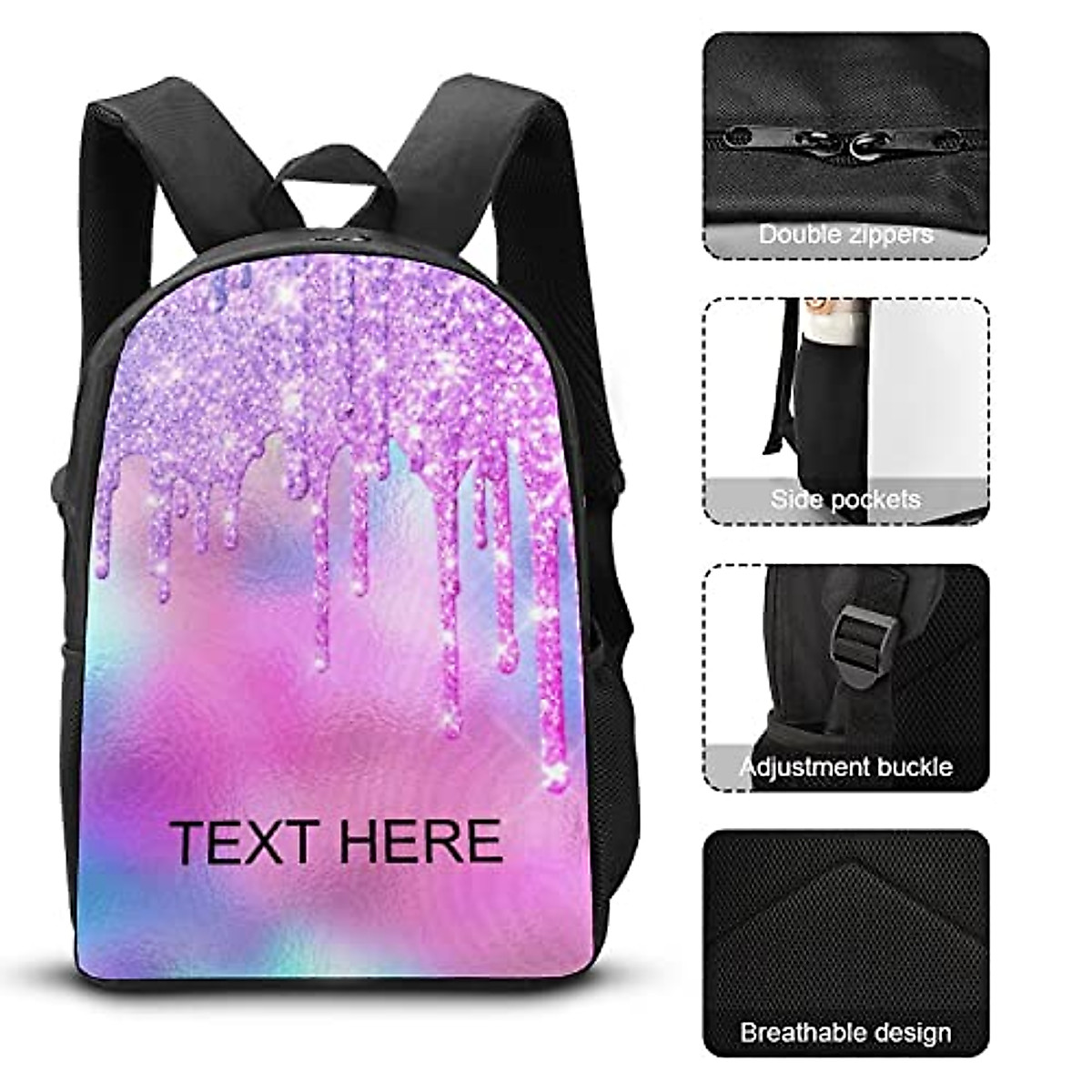 Aicihert Custom Pink Glitter Pattern Backpack Personalized 3 Piece Set Backpack with Your Name Text School Bag Customized Bookbag with Lunch Box And Pencil Case Set for Boys Girls