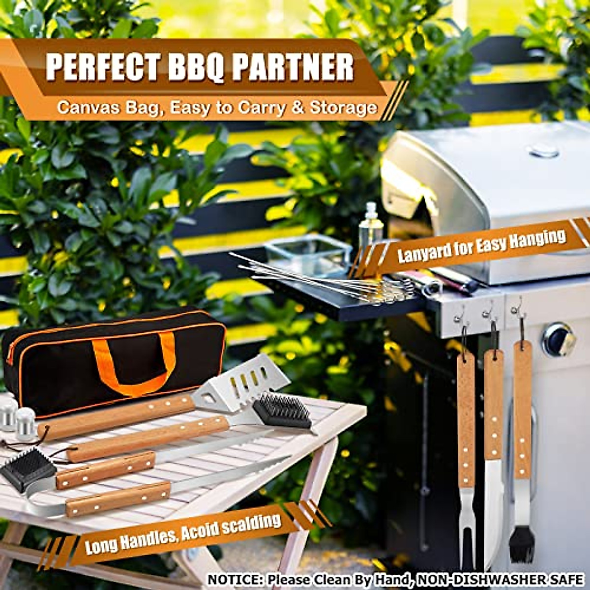 Joyfair 16Pcs BBQ Grill Accessories Set, Outdoor Barbecue Grilling Tool Kit for Camping Backyard, Including Spatula Turner Fork Knife Cleaning Brush Portable Bag, Heavy Duty & Long Handle