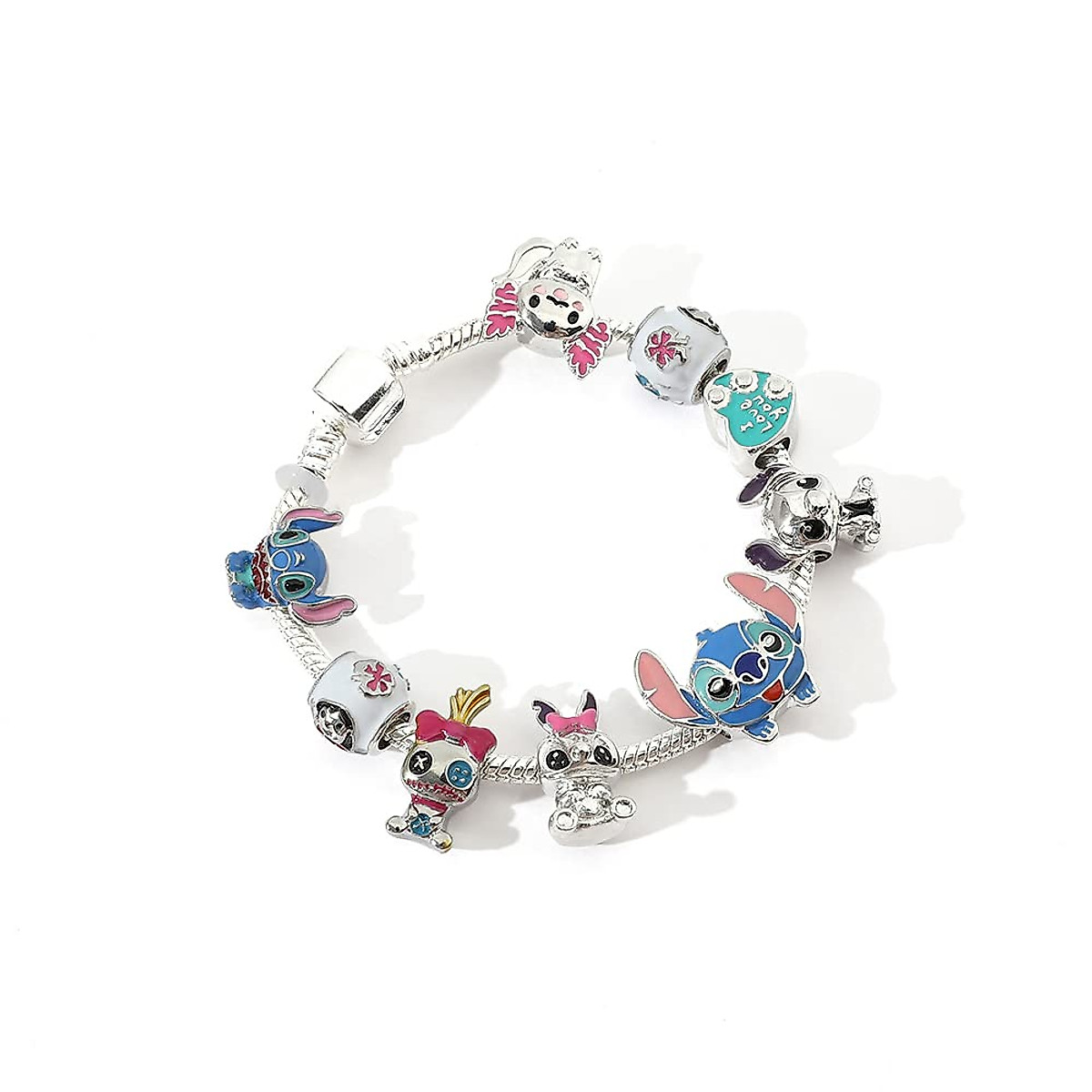 Stitch Makeup Brushes Bracelet Set - Ohana Interstellar Baby Stitch Makeup Brush and 8.26in Pandora Stitch Bracelet Gifts for Girls Women Birthday Christmas