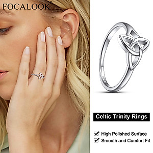 FOCALOOK 925 Sterling Silver Platinum Plated Celtic Triquetra Trinity Knot Simple Plain Stackable Band Ring Womens Promise Ring, Size 6