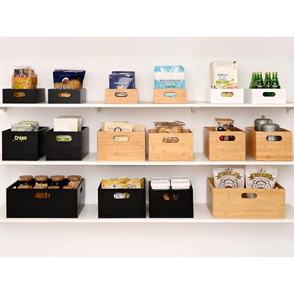 StorageWorks Bamboo Organizers for Shelves, Handcrafted Bamboo Storage Containers for Snacks, Spices, or Drinks, Black Wooden Crates with Built-in Handles, Jumbo, 1 Pack