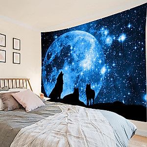 HVEST Wolf Tapestry Wall Hanging Full Moon in Blue Space Tapestries Wild Animal Wolves Wall Decor Blanket for Kids Bedroom Living Room Dorm Party, 60Wx40H Inches