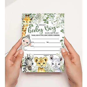 Geuro Baby Shower Invitations, Jungle Animals Fill In Invites Cards wih Envelopes, A Little wild one, Wooden, Set of 25.