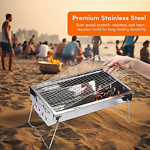 Zorestar Portable Folding Charcoal Grill, Premium Stainless Steel Outdoor BBQ for Camping, Picnics, Backyard Barbecues, Easy Setup, Storage, Ventilation Design, Sturdy & Compact for Travel