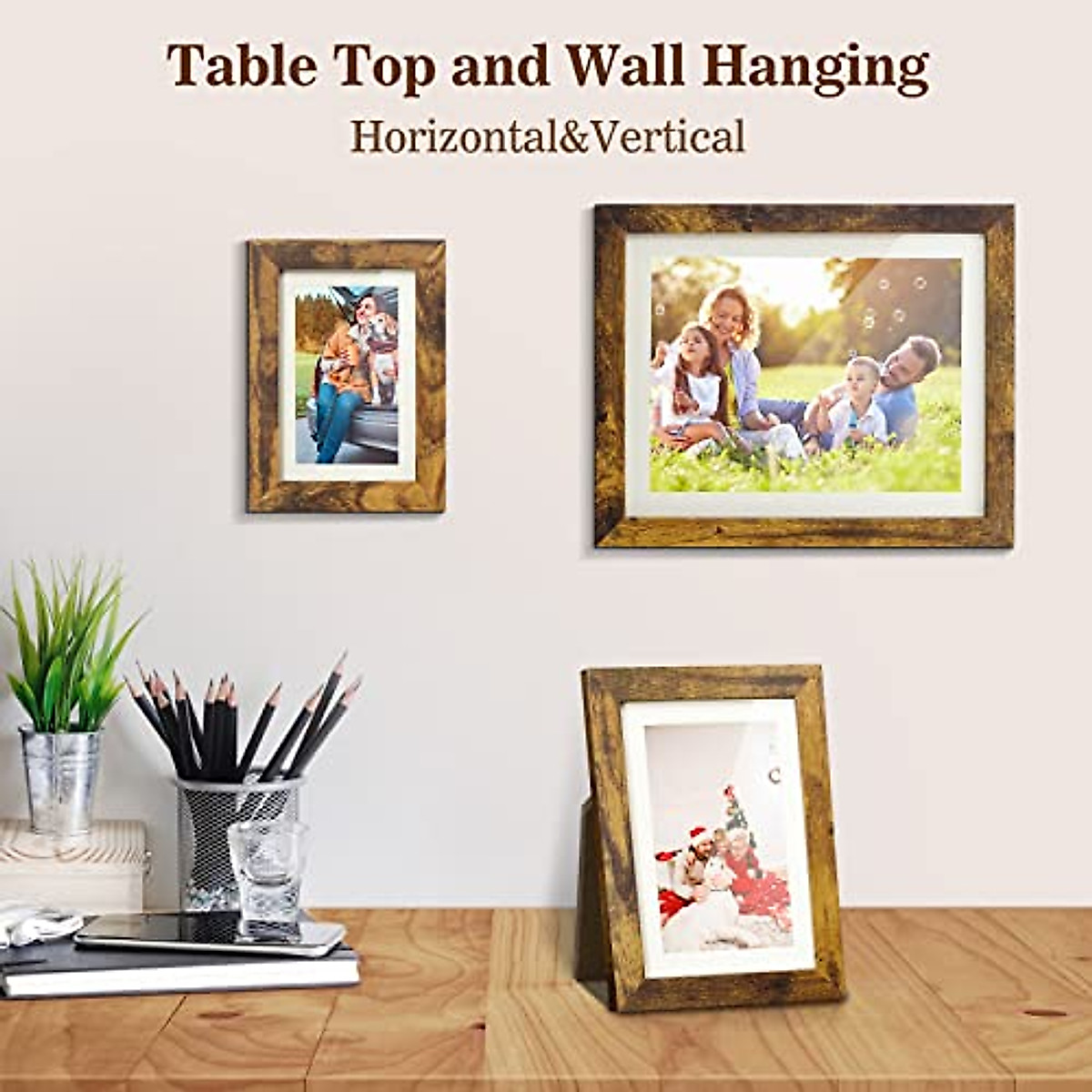 EOMEOH Picture Frames Set of 10, Wood Picture Frame with Mat and HD Glass Including 4×6 5×7 8×10 Inch Photo Frames for Wall or Tabletop (Brown)