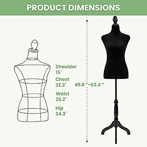 Mannequin Body Dress Form Torso Female Manikin 49.6-63.4 Inch Height Adjustable Wooden Tripod Stand High Density Foam Portable Display Mannequin (Black, 49.6-63.4 Inches)