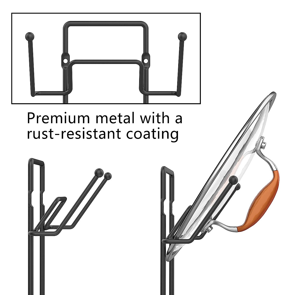 2 pack pot lid organizer rack for cabinet door/wall, no drilling adhesive wall/door mounted pot and pan lid holder, metal with powder coating, black