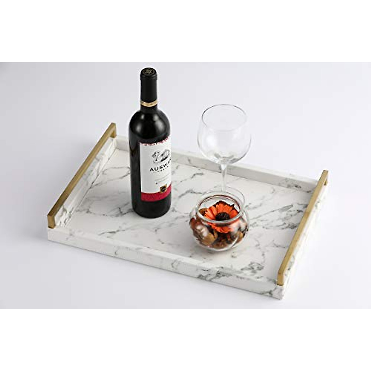 WV Coffee Table Serving Tray Faux Leather White Marble Finish with Brushed Gold Stainless Steel Handle for Living Room (White)