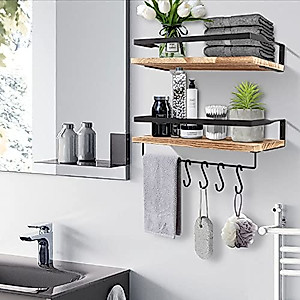 Uten Floating Shelves, Solid Wood Wall Mounted Shelf for Bathroom, Kitchen, Bedroom, Living Room with Metal Frame and Towel Rack, Floating Bathroom Shelves Set of 2, Light Brown