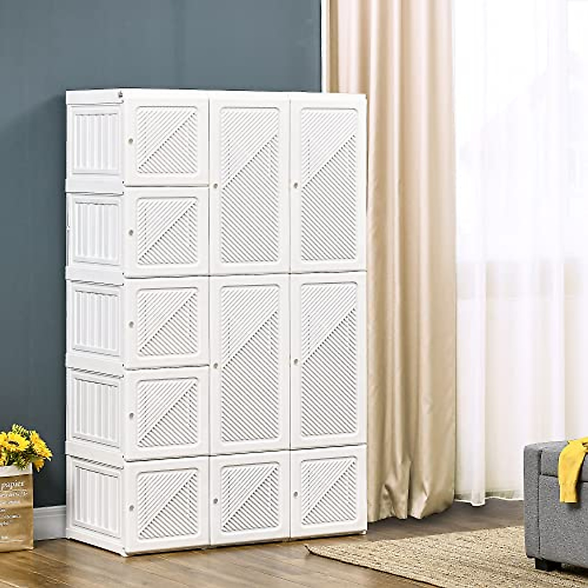 HOMCOM Portable Wardrobe Closet, Bedroom Armoire, Foldable Clothes Organizer with Cube Storage, Hanging Rods, and Magnet Doors, White