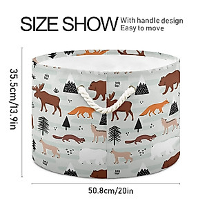 Moose Bear Foxes Trees Wolf Squirrel Seamless Forest Fauna Animals Round Storage Basket Bin, Baby Nursery Organizer with Handles for Toys Clothes, Large Foldable Bucket Waterproof Laundry Hamper