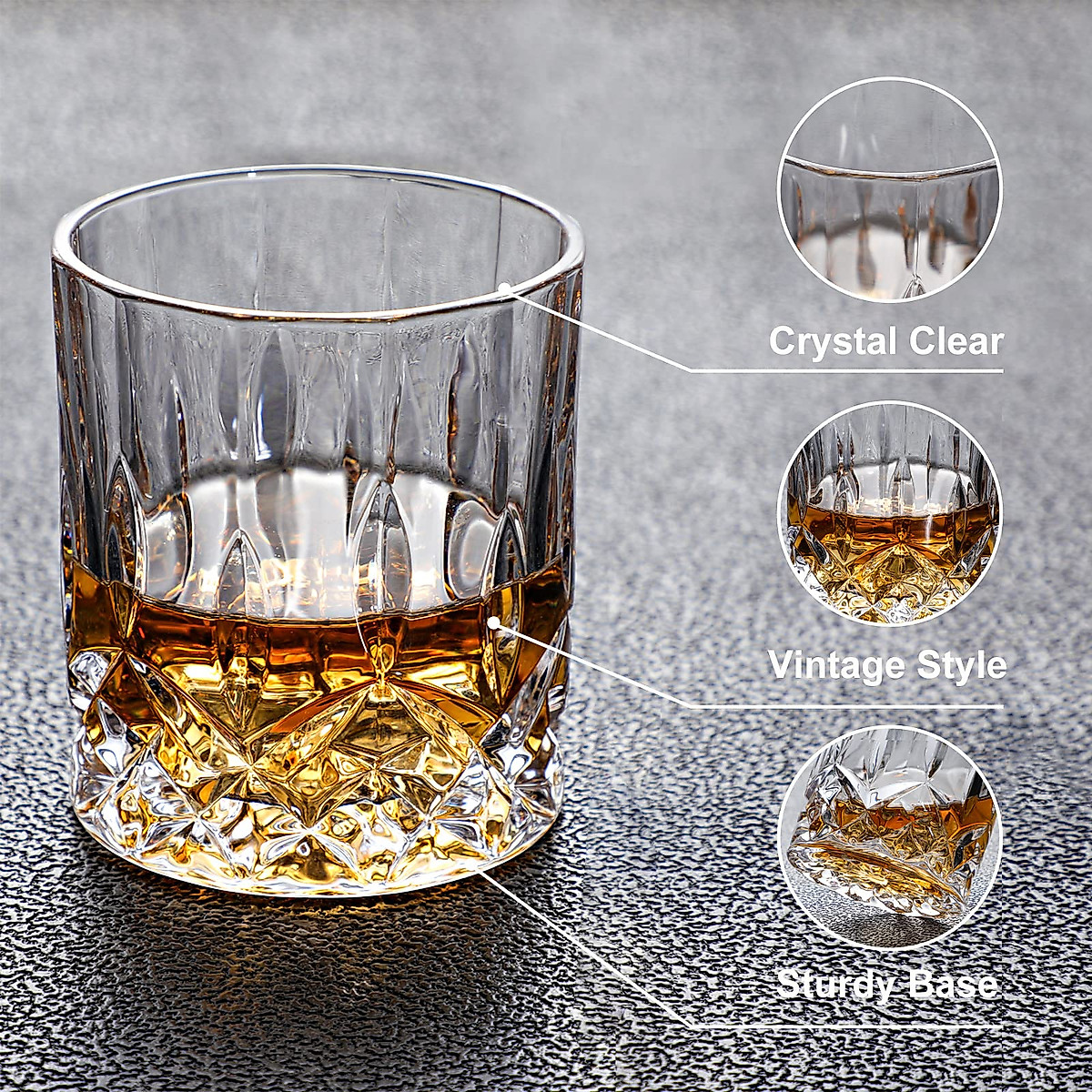 HOHY Whiskey Glasses Set of 4, Old Fashioned Glasses, Bourbon Glasses, 11 oz Thick Bottom Old Fashioned Whiskey Glasses for Men, Premium Whiskey Gifts for Bourbon, Scotch, Cocktail.