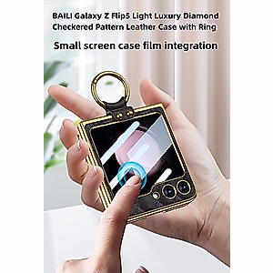 BAILI Galaxy Z Flip5 Leather Case,Galaxy Z Flip 5 Case with Ring and Built-in Small Screen Protective Film,Light Luxury Diamond Checkered Pattern Samsung Galaxy Z Flip5 Leather Case-Red