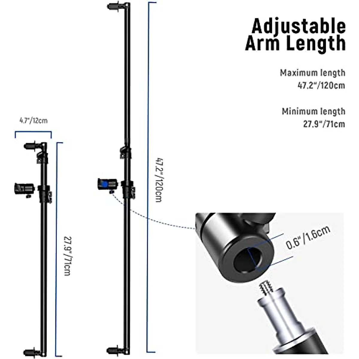 NEEWER Extendable Reflector Holder Arm, Photo Studio Telescopic 27.9” to 47.2” Boom Arm 360 Degree Swivel Reflector Bracket for Product and Portrait Photography, Ideal for Studio & Outdoor Photography