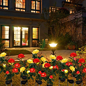 FORUP 2 Pack Solar Garden Stake Lights, Outdoor Solar Rose Flower Lights with 6 Rose Flowers, LED Rose Solar Powered Lights for Patio, Lawn, Garden, Yard Decoration (Red & Yellow)