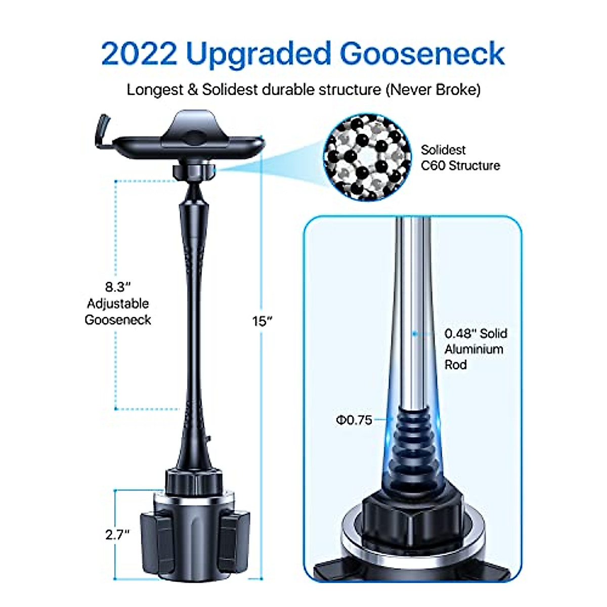 andobil [Newest & Solidest 15in Cup Holder Phone Mount, [Stable & Adjustable] Long Gooseneck Cup Phone Holder for Car Truck [Military-Grade] Fit for iPhone 14 13 12 Pro Max & All Cell Phones