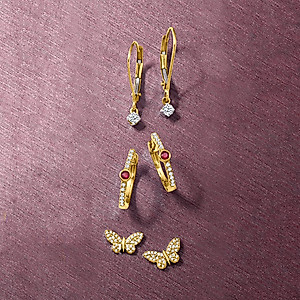 RS Pure by Ross-Simons Ruby and Diamond-Accented Huggie Hoop Earrings in 14kt Yellow Gold