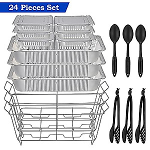 ROVSUN Chafing Dish Buffet Set Disposable, Buffet Servers and Warmers, Food Warmer for Parties Buffets, 24 Pieces Catering Set, Includes Full-Size Wire Chafer Stand, Disposable Pans & Utensils