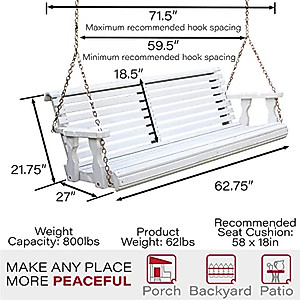 Amish Casual Heavy Duty 800 Lb Roll Back Treated Porch Swing with Hanging Chains (5 Foot, Semi-Solid White Stain)