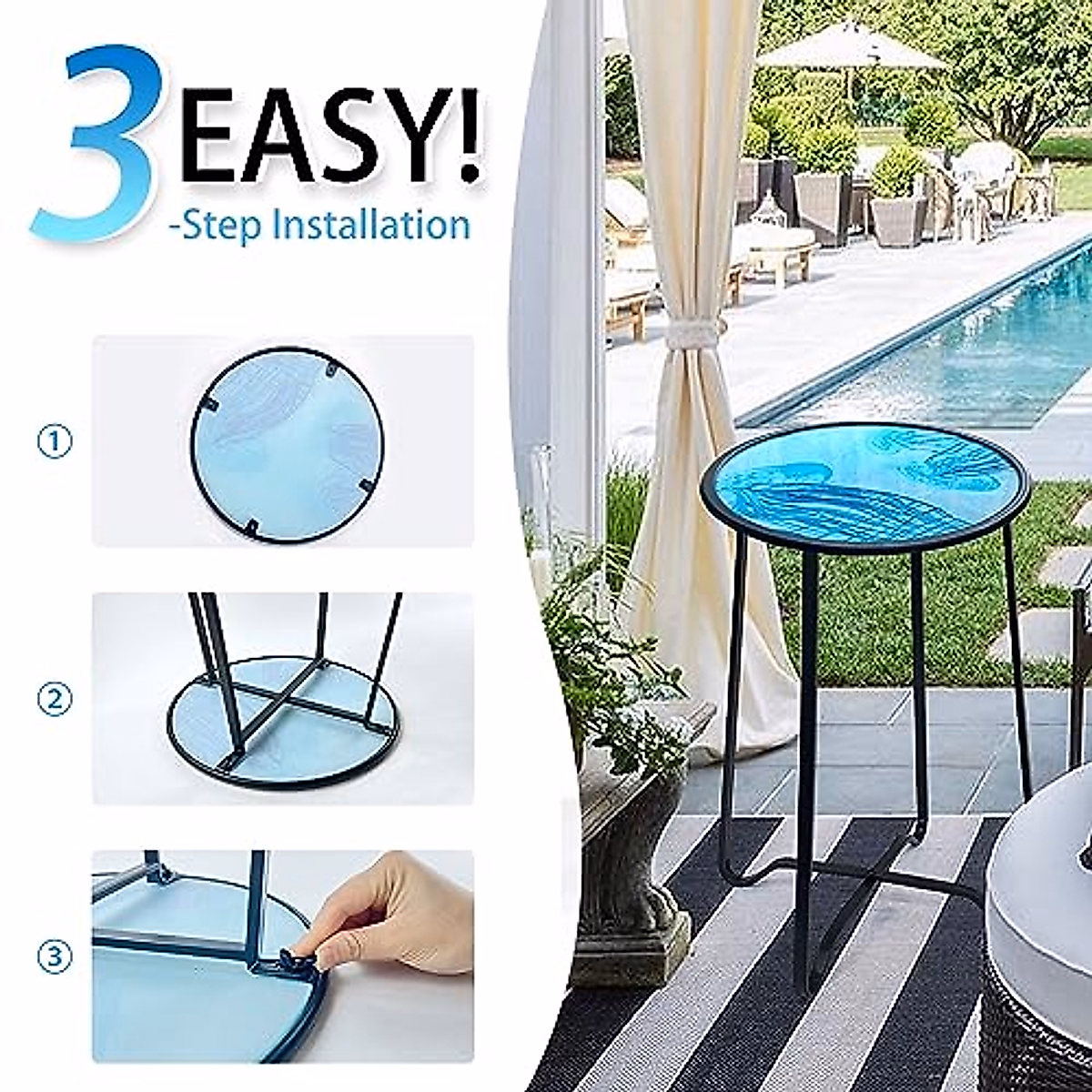 LIFFY Outdoor Side Table, 14" Weather Resistant Metal & Glass Patio Accent Side Table, Indoor Home Decorative End Table, Plant Stands Table Outside, for Yard Balcon Garden Bedside (Blue Jellyfish)