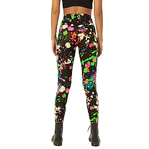 sissycos Women's 80s Neon Crossover Leggings Artistic Splash High Waisted Buttery Soft Printed Tights (Neon Fusion Splash, Large)