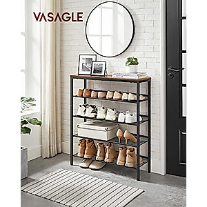 VASAGLE Shoe Rack for Entryway, 5 Tier Shoe Storage Shelves, 16-20 Pairs Shoe Organizer, with Sturdy Wooden Top and Steel Frame, Free Standing, Industrial, Rustic Brown and Black ULBS038B01