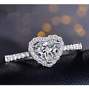 Sdouefos Rhodium Plated Sterling Silver Heart Shaped Cubic Zirconia CZ Halo Engagement Wedding Insert Ring Promise Rings for Her(9)
