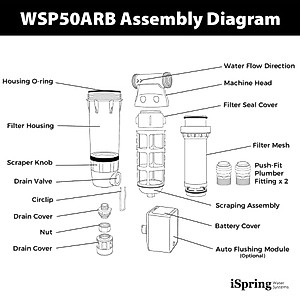 iSpring WSP50ARB Spin Down Sediment Water Filter, Reusable with Touch-Screen Auto Flushing Module and Built-in Housing Scraper, Brass Top Clear Housing, 50 Micron