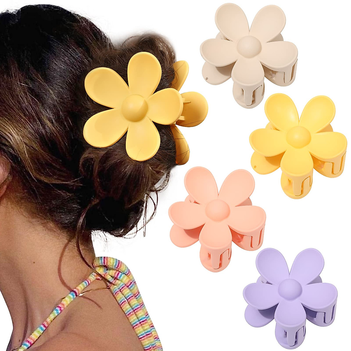 AWAYTR Flower Hair Clip - 4Pcs Matte Small Flower Hair Claw Clips, Nonslip Strong Hold Hair Clips for Women and Girls (Yellow, Purple, Pink, Khaki)