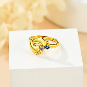 Custom4U Gold Baby Feet Ring 925 Sterling Silver Engraved Mother Open Rings Adjustable Gift for Women Mom Grandma