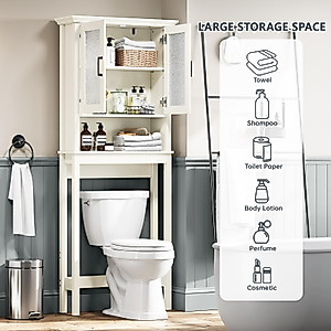 Baztin Over The Toilet Storage Cabinet, Over Toilet Bathroom Organizer with Doors and Adjustable Shelf, Thicken Frame Above Toilet Storage Cabinet Behind Toilet Bathroom Organizer, Cream White