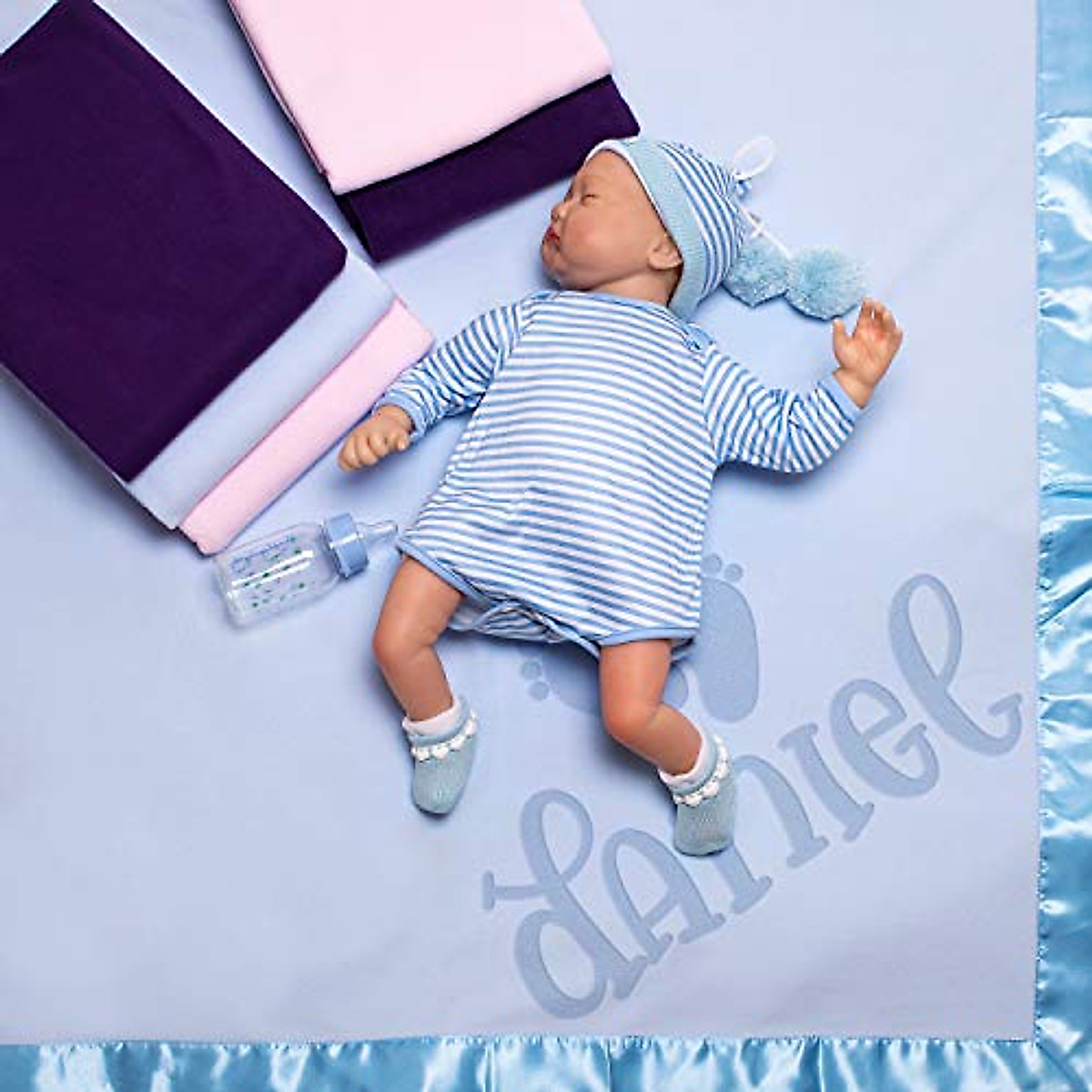 Be Burgundy Personalized Baby Blankets w/Name - Baby Receiving Blanket - 36x36 in | Satin Trim, Fleece | Blue - Baby Boy Gifts, Baby Stuff, Welcome Baby Gifts for Newborns | Footprints