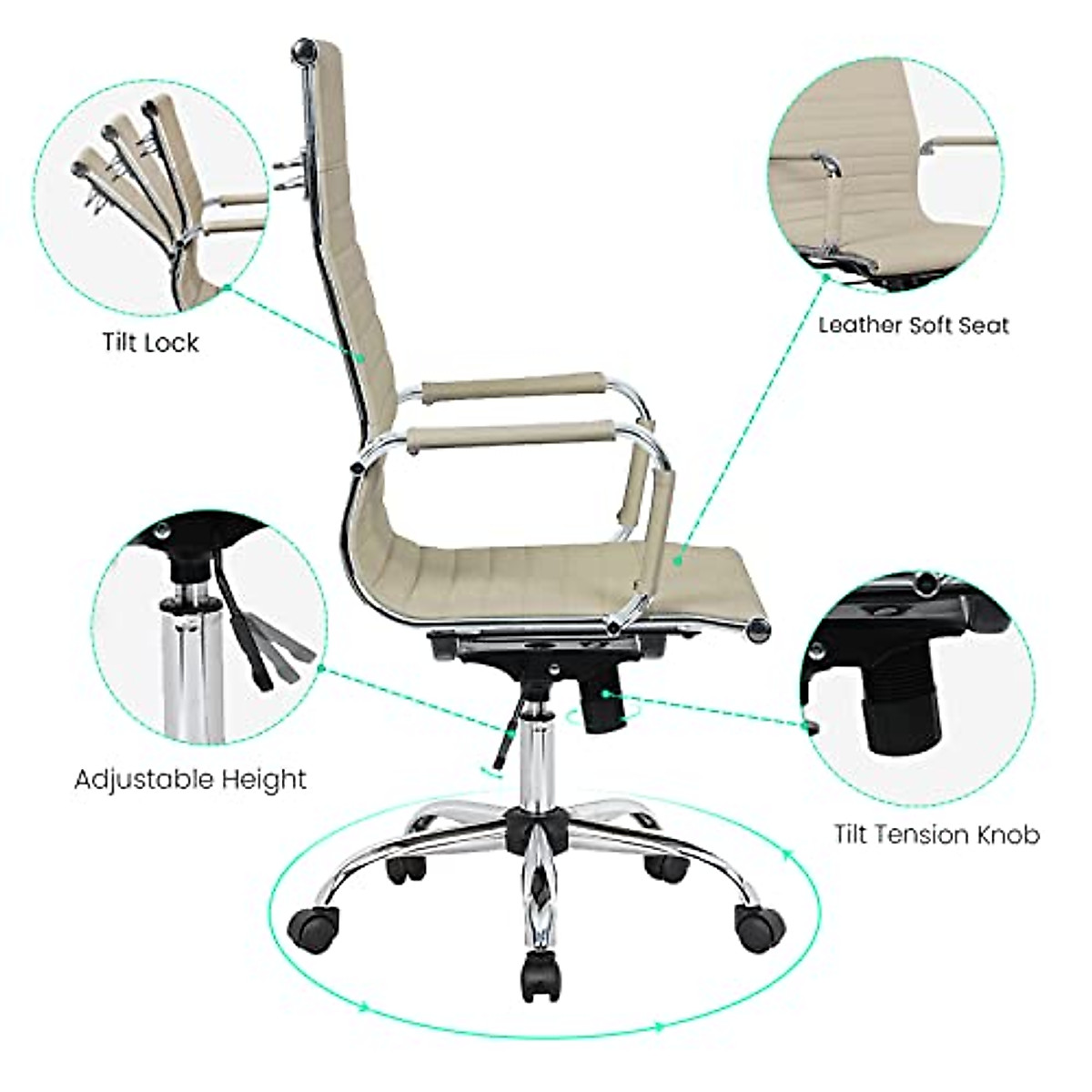LeisureMod Harris Modern Adjustable Office Executive Swivel Chair Leatherette High-Back Task Office Chair (Tan)