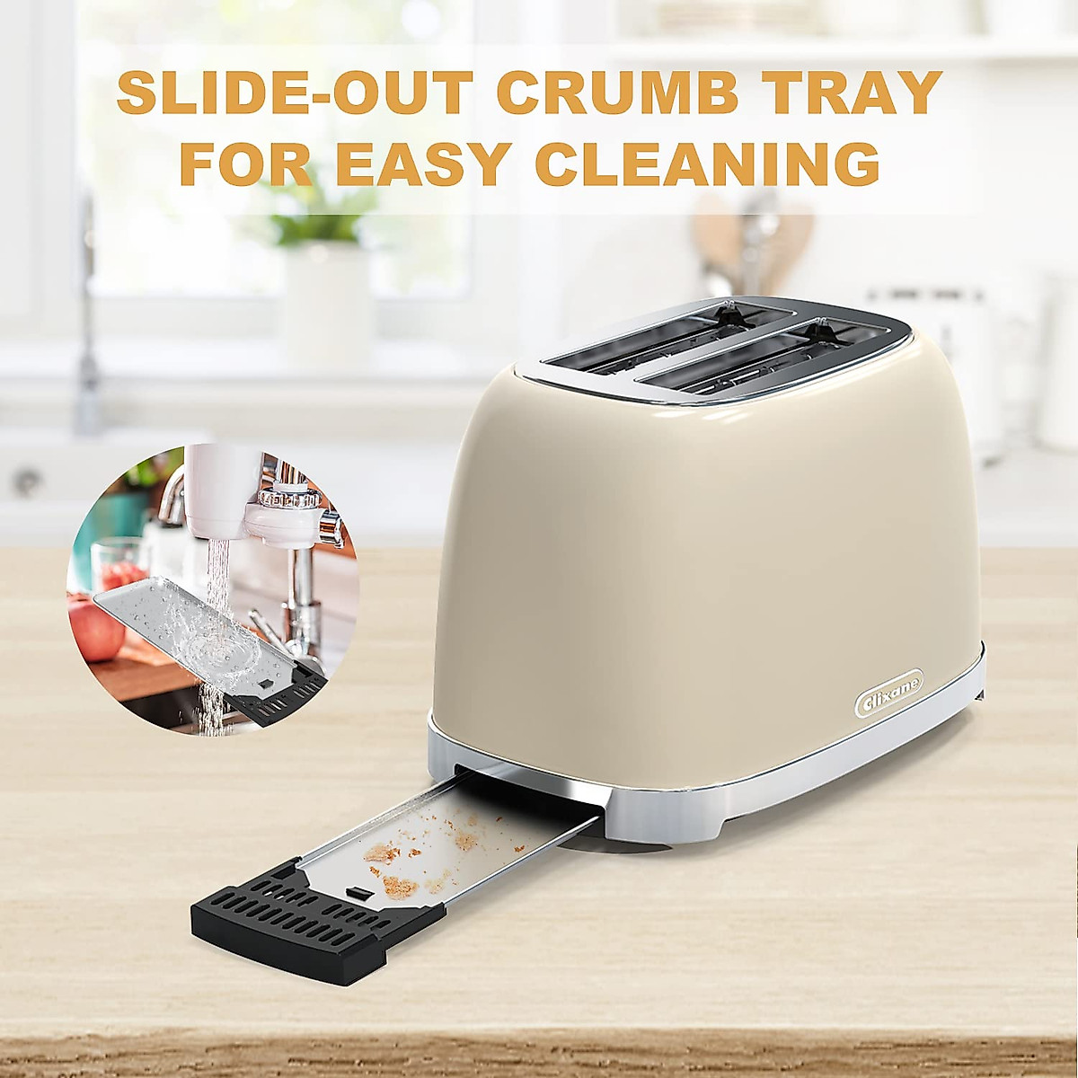 Toaster 2 Slice,1.5"Extra Wide Slots Toaster,Retro Stainless Steel with Bagel, Cancel, Defrost, Reheat Function and 6-Shade Settings, Removal Crumb Tray (Cream)