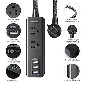 Power Strip with 3 USB Charging Ports(15W/3.1A) and 2 Outlets, Desktop Charging Station with 5 Foot Braided Extension Cord, Right Angle Flat Plug, Small for Travel Hotel, Cruise Ship, Home and Office