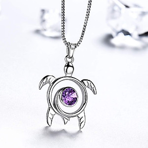 Aurora Tears Turtle Necklace Customized Birthstone 925 Sterling Silver Sea Animal Personalized Turtle Pendant Women Cute Jewelry DP0172 (B.Purple-February-Amethyst)
