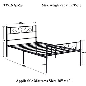 VECELO Metal Twin Size Bed Frame with Headboard and Footboard, Iron Mattress Foundation No Box Spring Needed, Heavy Duty/Easy Set Up, Black, 2 Pcs