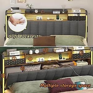 Full Size Floating Bed Frame with Charging Station,RGB Light,2-Tier Upholstered Headboard & 2 Hidden Storage Space,Heavy Duty Slat Support,Sturdy & Stable,Line Tufted, No Box Spring Needed, Dark Gray