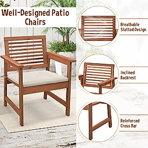 HAPPYGRILL Outdoor Dining Chair Set of 2, Patio Solid Wood Chairs with Comfortable Cushions, Breathable Slatted Seat, Outside Wood Armchairs for Balcony Porch Poolside