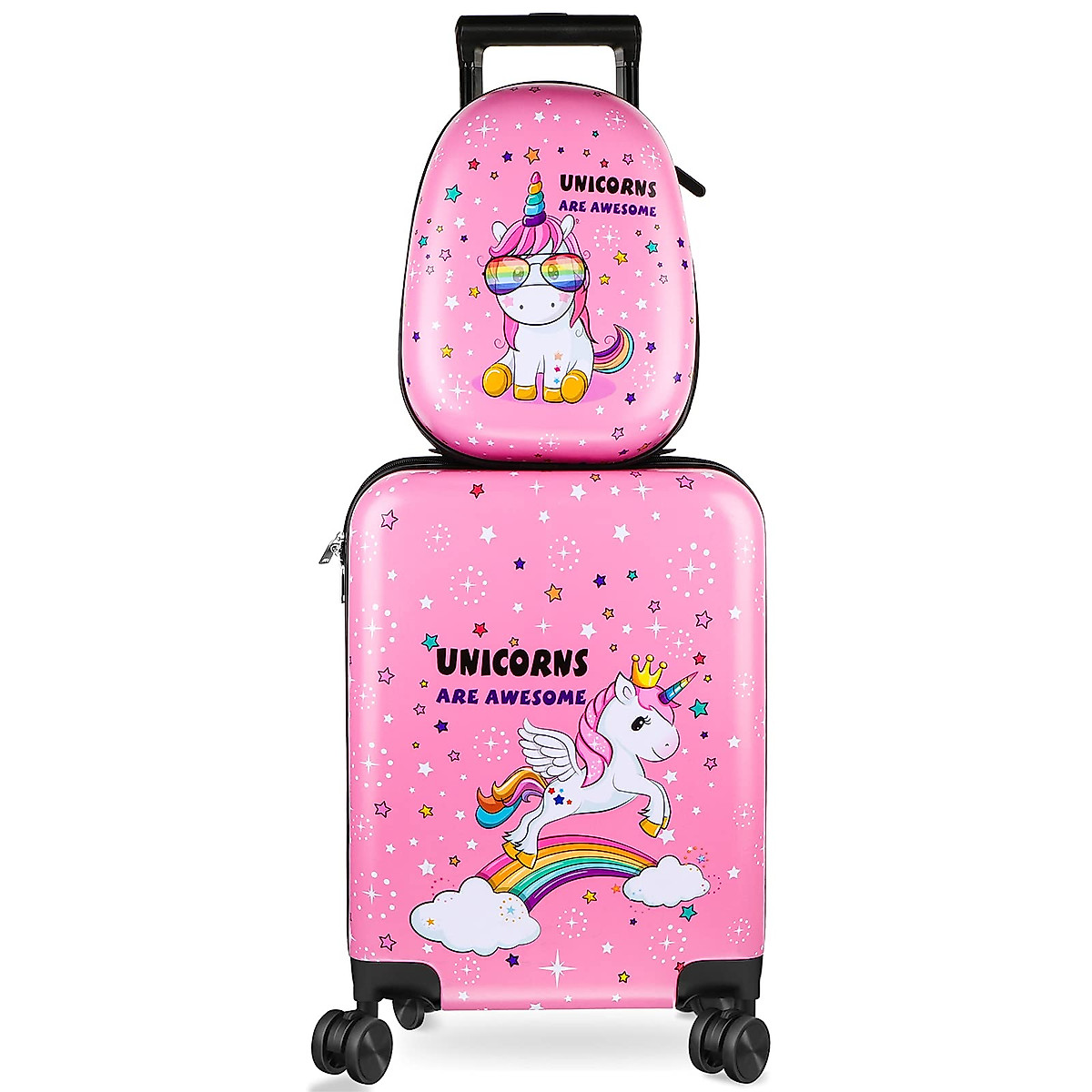 Weewooday Kids Luggage and Backpack 18" Suitcase with Spinner Wheel Hard Case Travel 13" Backpack Girl Suitcase Set for Kids Travel Supplies(Pink,Unicorn Style)