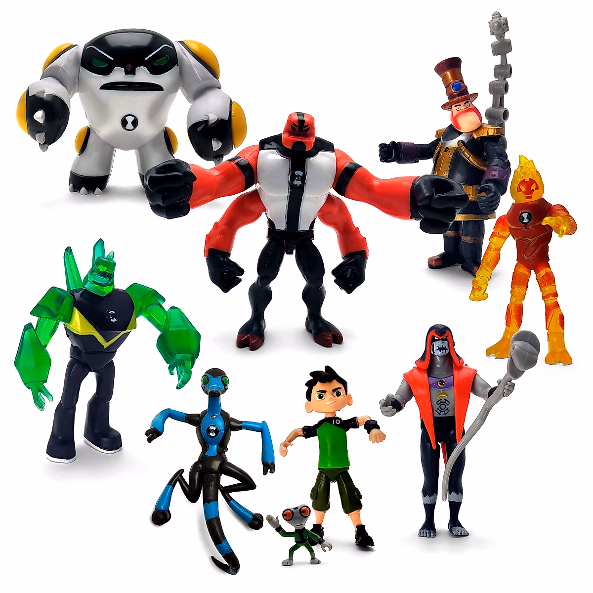 Figures Based on Ben 10 Action Figures - Set of 9 Toys [Ben Tennyson, Four Arms, Grey Matter, Kineceleran, Diamondhead, Hex, Steam Smythe, Cannonbolt, Heatblast]