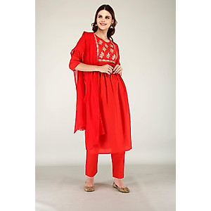 MAHICH WOMEN'S Rayon Anarkali Kurti, Plazzo with Dupatta Set (L) Red
