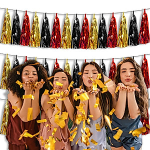 3P Metallic Fringe Banner Garland Foil Tinsel Streamer Wall Hanging Curtain Backdrop Banners for Parade Floats Graduation Decorations, Baby Bridal Shower Party Decoration(Red-Black Gold)
