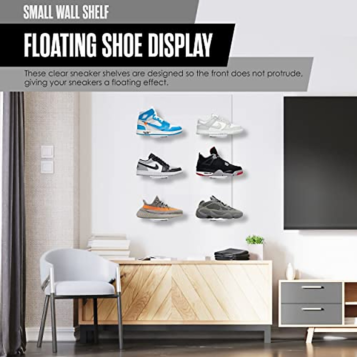 Houseables Shoe Display Shelves, Floating Wall Sneaker Rack, Sneakers Shelf Storage, 6 Pack, 8"x3"x2", Acrylic, Clear, Float Shoes, Cool Shelving Mount, Mounted Stand Holder for Footwear Collection