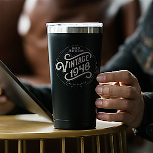75th Birthday Gifts for Men - 1948 Vintage 16 oz Stainless Steel Black Coffee Tumbler